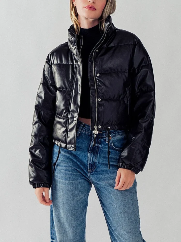 Faux Leather Short Puffer Jacket Retro Vintage Bomber Style - The ...